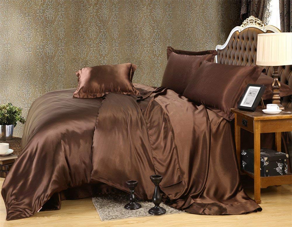 ABP Collection Duvet Set - Full, Chocolate Soft Silky Satin Duvet Cover Sets (1 Button Closure Duvet Cover, 1 Fitted Sheet with 18" Deep Pocket, 2 Pillow Shams) 4 Pieces Duvet Cover Set