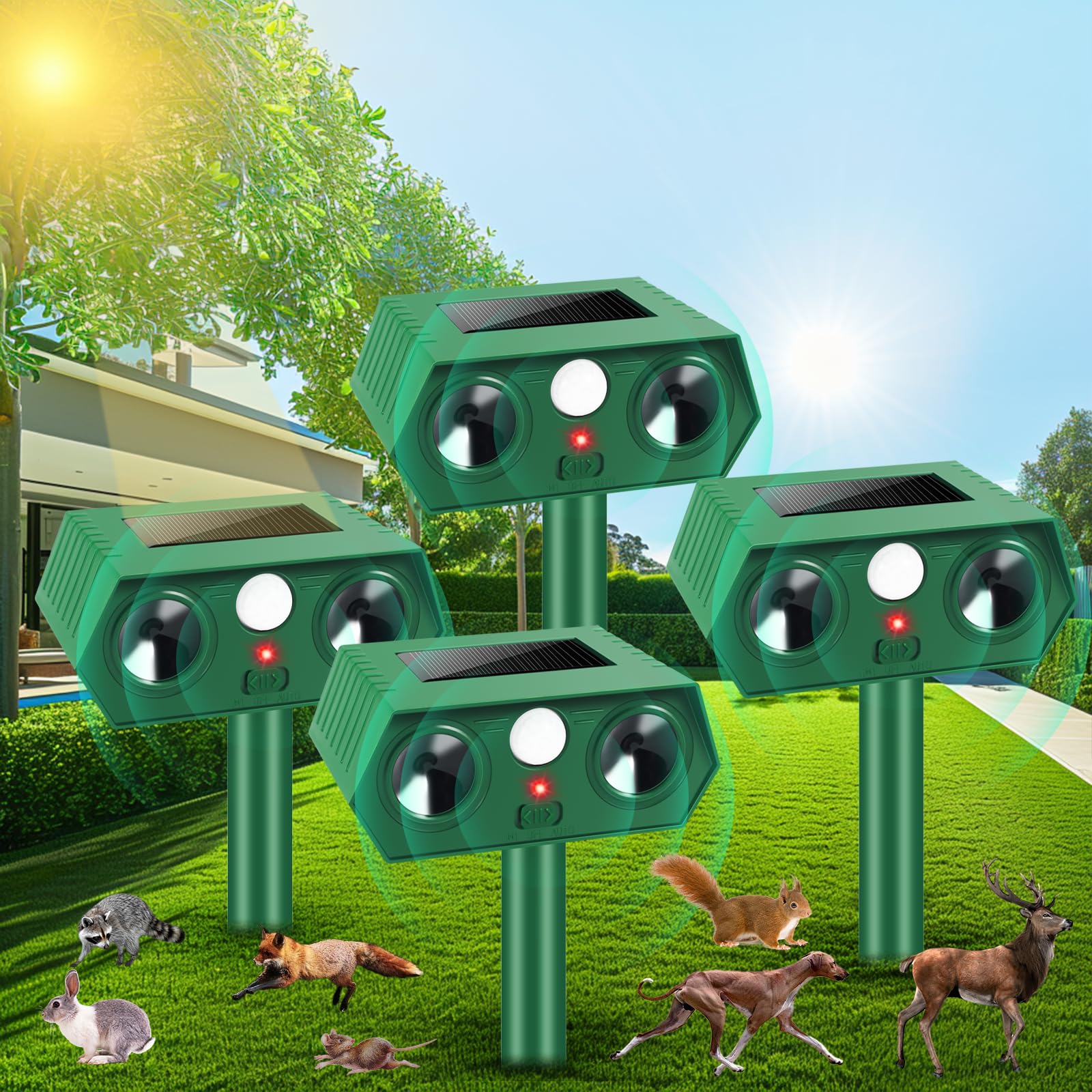 4 Pack Animal Repellent Ultrasonic Cat Repeller Deer Repellent Solar Animal Repeller with Motion Sensor Detection Dog Fox Raccoon Repellent Squirrel Repellent Skunk Repellent Deterrent for Yard