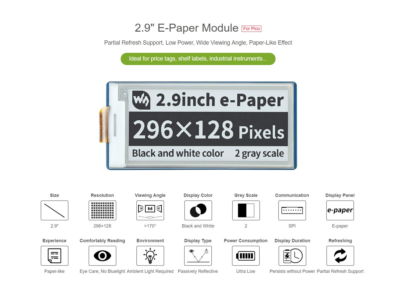 waveshare 2.9inch E-Ink Display HAT 296×128 Pixels Black White Two Color E-Paper Module epaper Screen for Raspberry Pi Pico Microcontroller Board,SPI Interface,Support Partial Refresh