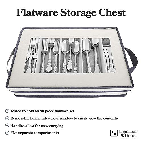 Chapman & Grand Flatware Storage Chest with Lid for Utensils, Silverware, Flatware β Securely Sewn Dividers with Large Capacity (Light Beige-Gray)