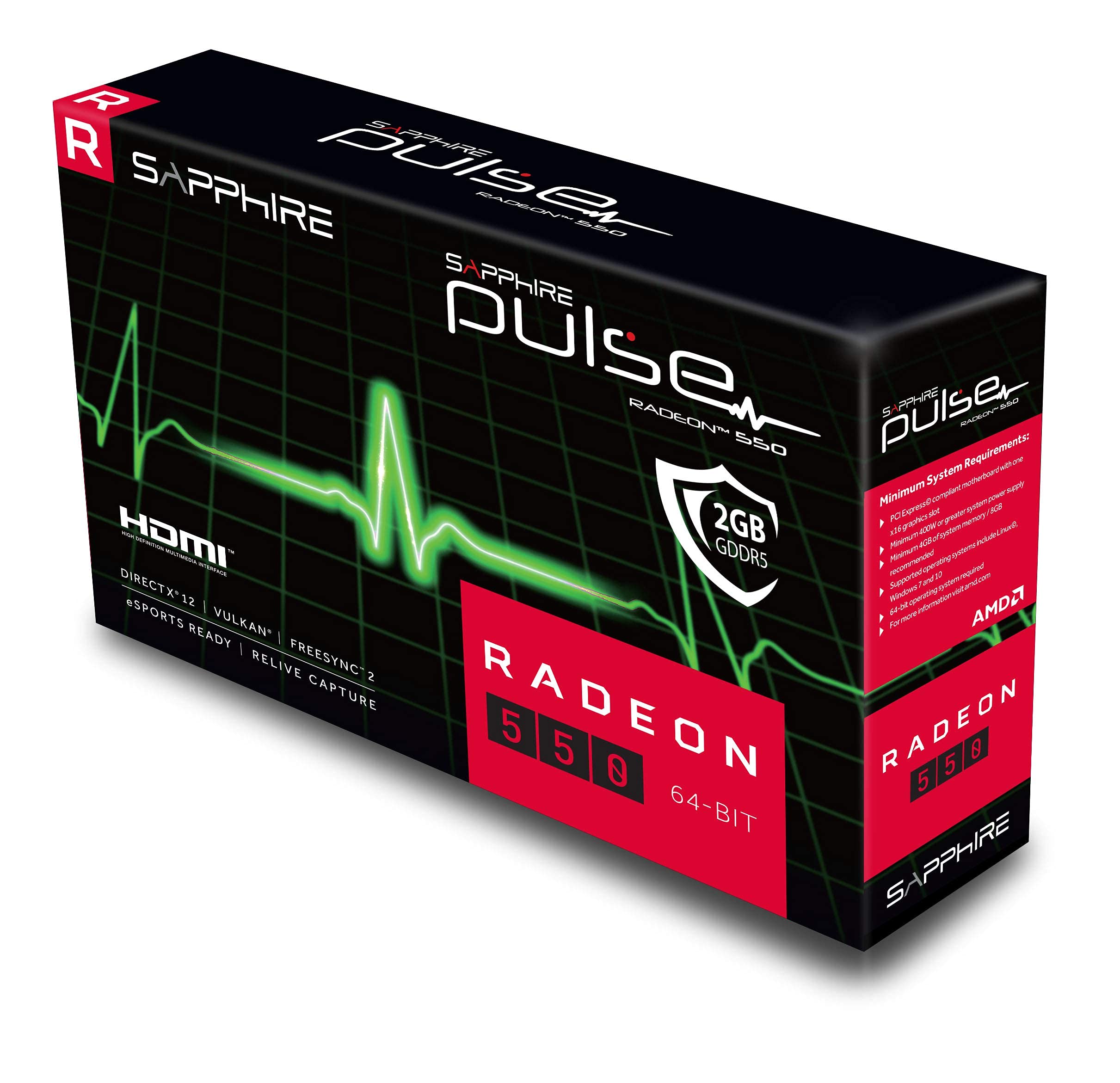Sapphire Technology, Sapphire 11268-21-20G Radeon Pulse RX 550 2GB GDDR5 64-bit HDMI DVI-D DP OC (UEFI) PCI-E Graphics Card (Renewed)