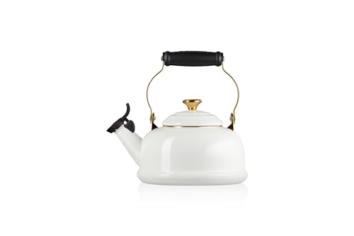 Le Creuset Enamel on Steel Whistling Kettle with Gold Finishes, 1.7 qt., White