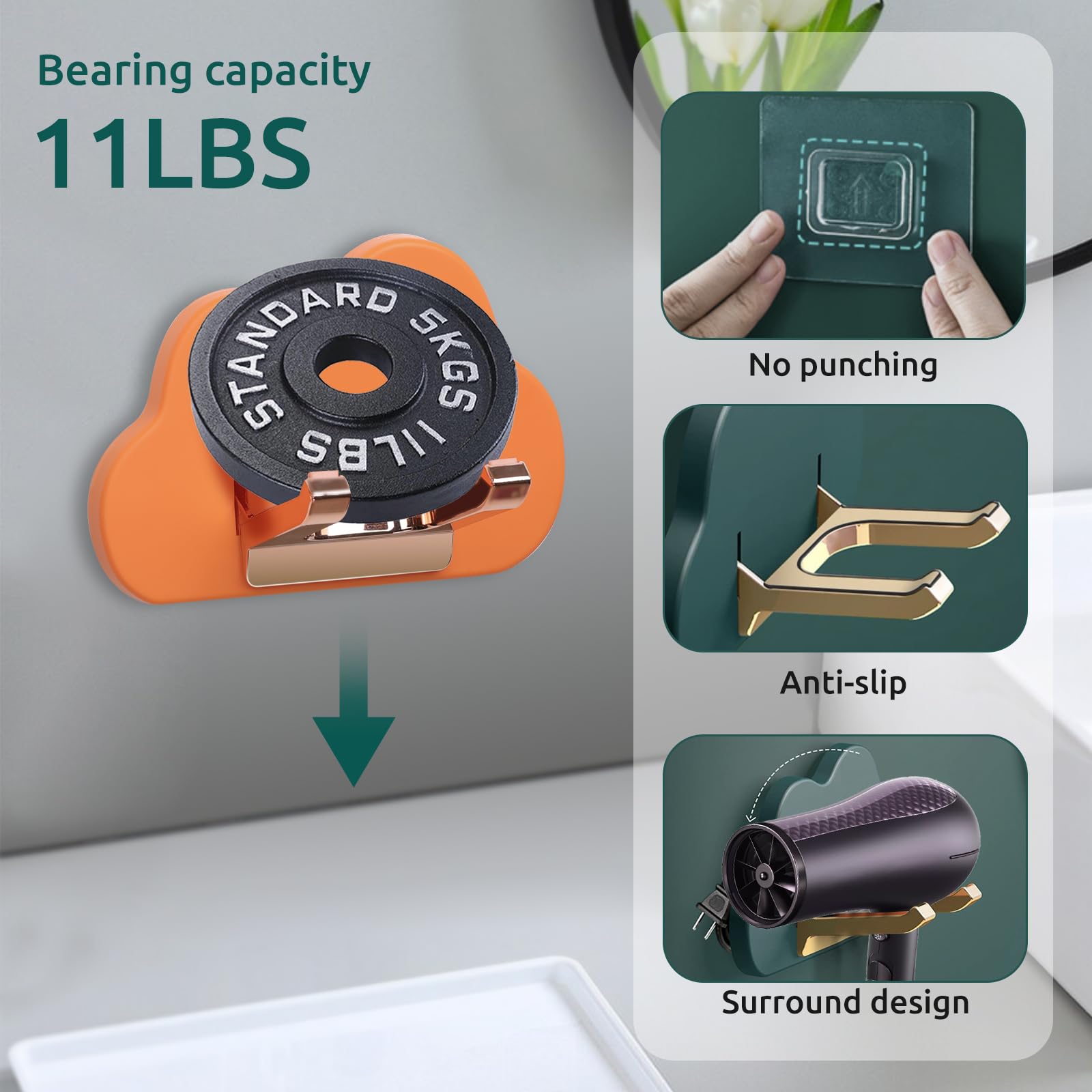 2 Pack Universal Hair Dryer Holder Wall Mounted, Blow Dryer Hanger Wall Mount for Hair Dryer Hook with Plug&Cord Organizer Self Adhesive for Cabinet Bathroom(Orange and Green)