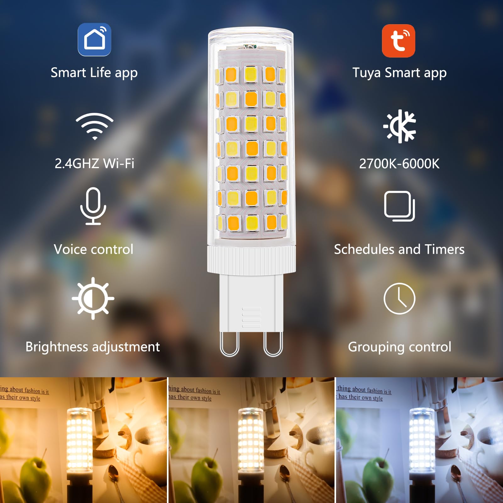 2Pack Dimmable Wi-Fi Smart LED Bulbs with G9 Base,Compatible with Amazon Alexa and Google Assistant-Warm to Cool White(2700K-6000K),Adjustable Brightness From 1%-100% (120V,0.4-4.7W,40LM-450LM)