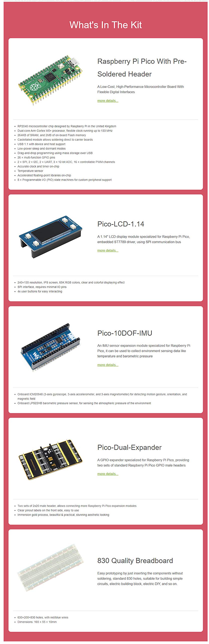 Coolwell for Raspberry Pi Pico Evaluation Kit Package B Include The Pico + Color LCD + IMU Sensor + GPIO Expander