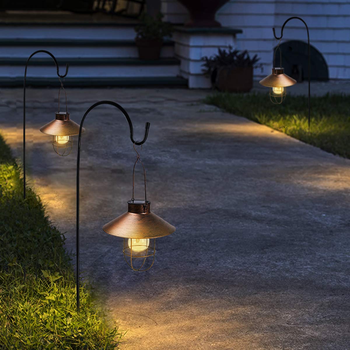 2Pack Solar Metal Hanging Lantern with Shepherd Hook Outdoor Led Garden Lights Brushed Copper