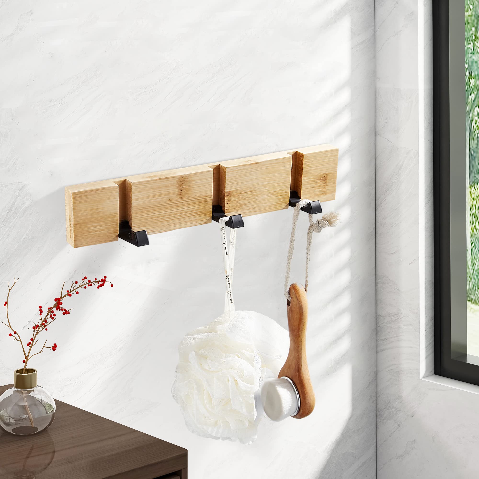 Wooden Coat Hooks, Coat Rack Wall Mounted with 3 Folding Hooks Hat Rack Modern Wall Floating Coat Hook Rack Adhesive & Wall Mounted, Coat Hiden Hooks for Coats, Hats, Scarves, Key Rack Towel Rack