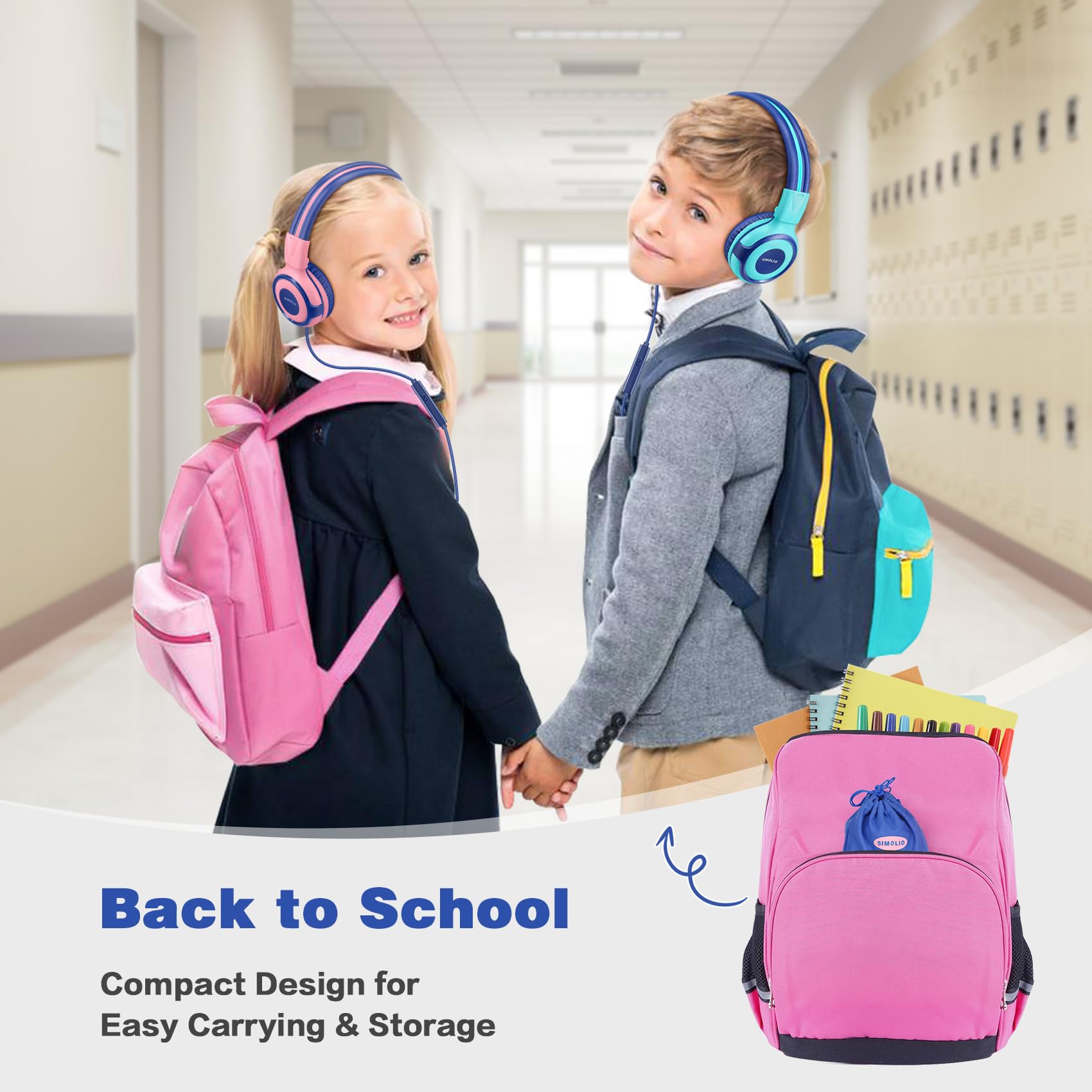 SIMOLIO 2 Pack Headphones for Kids with Mic, 75dB/85dB/94dB Safe Volume Limit, Wired School Headphones for Girls Boys Children Tablet Laptop Travel with Audio Share Function (Mint,Pink)