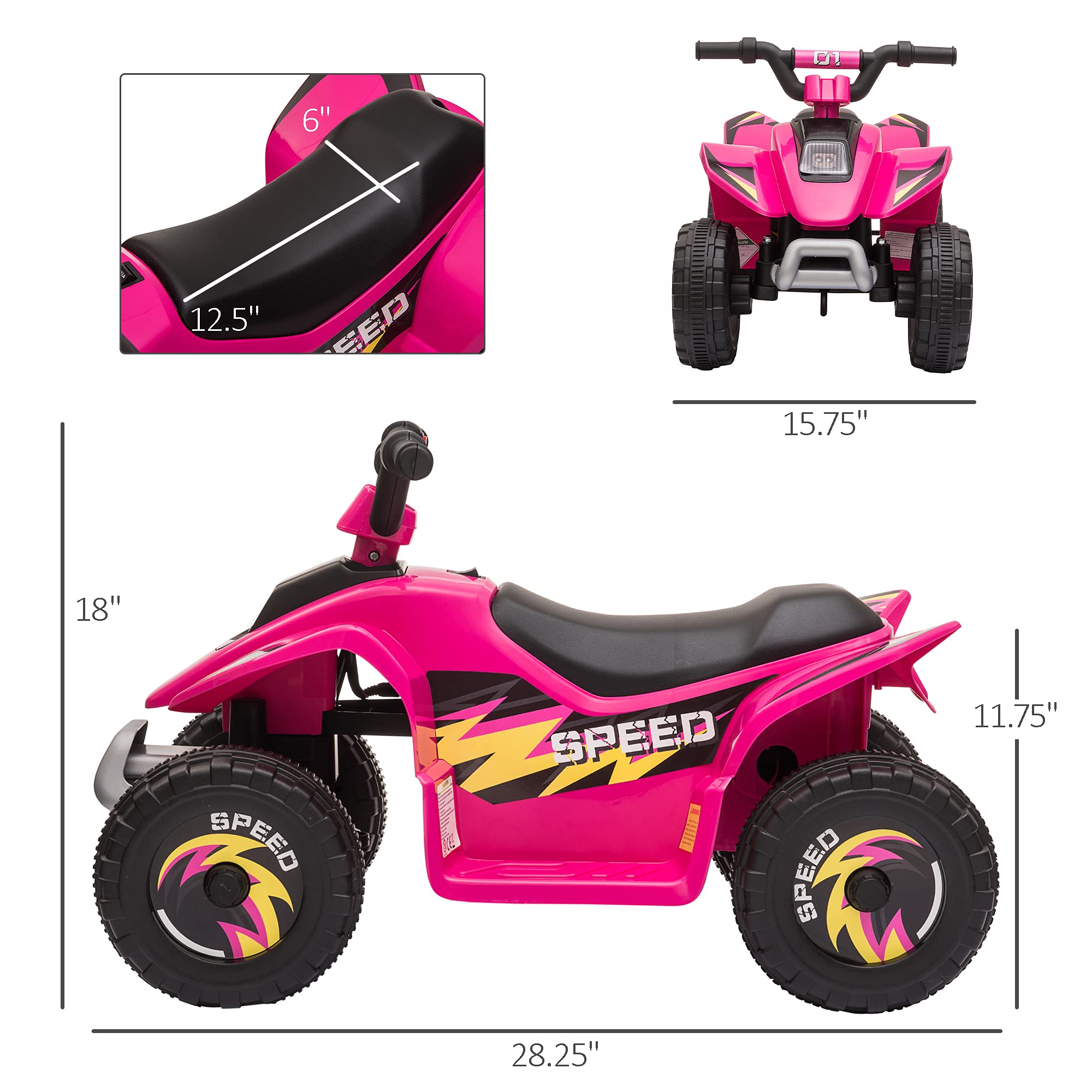 Aosom 6V Kids ATV 4-Wheeler Ride on Car, Electric Motorized Quad Battery Powered Vehicle with Forward/Reverse Switch for 18-36 Months Old Toddlers, Pink