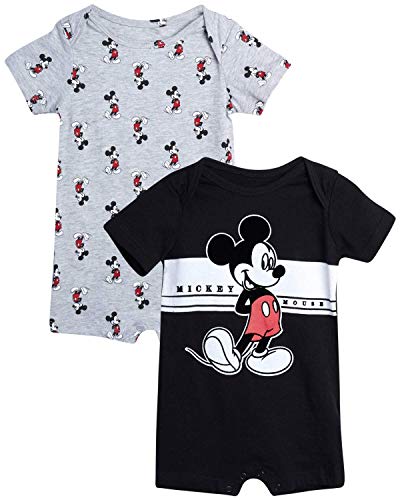 Disney Baby Boys Romper - 2 Pack Short Sleeve Baby Jumpsuit with Snap Closure - Cozy Baby Bodysuit for Boys (Newborn/Infant), Size 18M, Mickey Black/White/Grey Multi