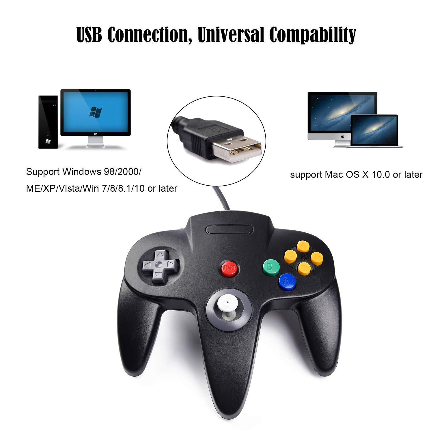 2 Pack USB Wired N64 Controller, suily Classic N64 PC Gamepad Joystick Controller for Windows PC MAC Linux Raspberry Pi 3 (Black/Gray)
