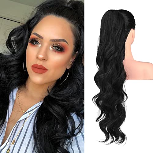 SEIKEA 26" Long Wavy Drawstring Ponytail, PT004 Gita for Black Women Natural Soft Clip in Ponytail Extension Synthetic Heat Resistant Hair Extensions Hairpiece Color Black