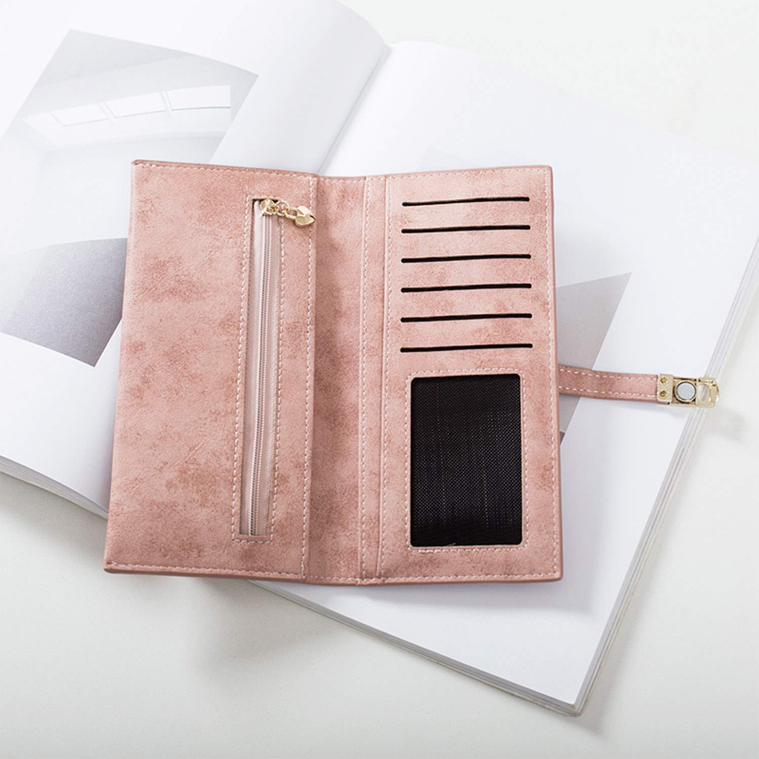 AOXONEL Womens Slim Wallet RFID Ladies Wallets Long Bifold Thin Skinny,Magnetic Closure (Pink)