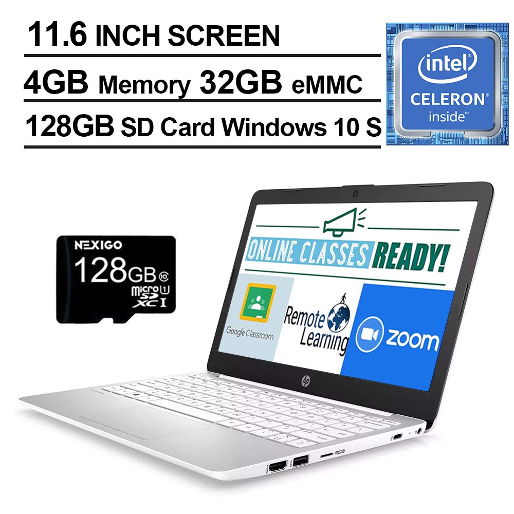 HP 2021 Stream 11.6 Inch Laptop with Webcam, Intel Celeron N4000 up to 2.6 GHz, 4GB RAM, 32GB eMMC, Bluetooth, HDMI, USB Type-C, Win 10 S, White + NexiGo 128GB MicroSD Card Bundle