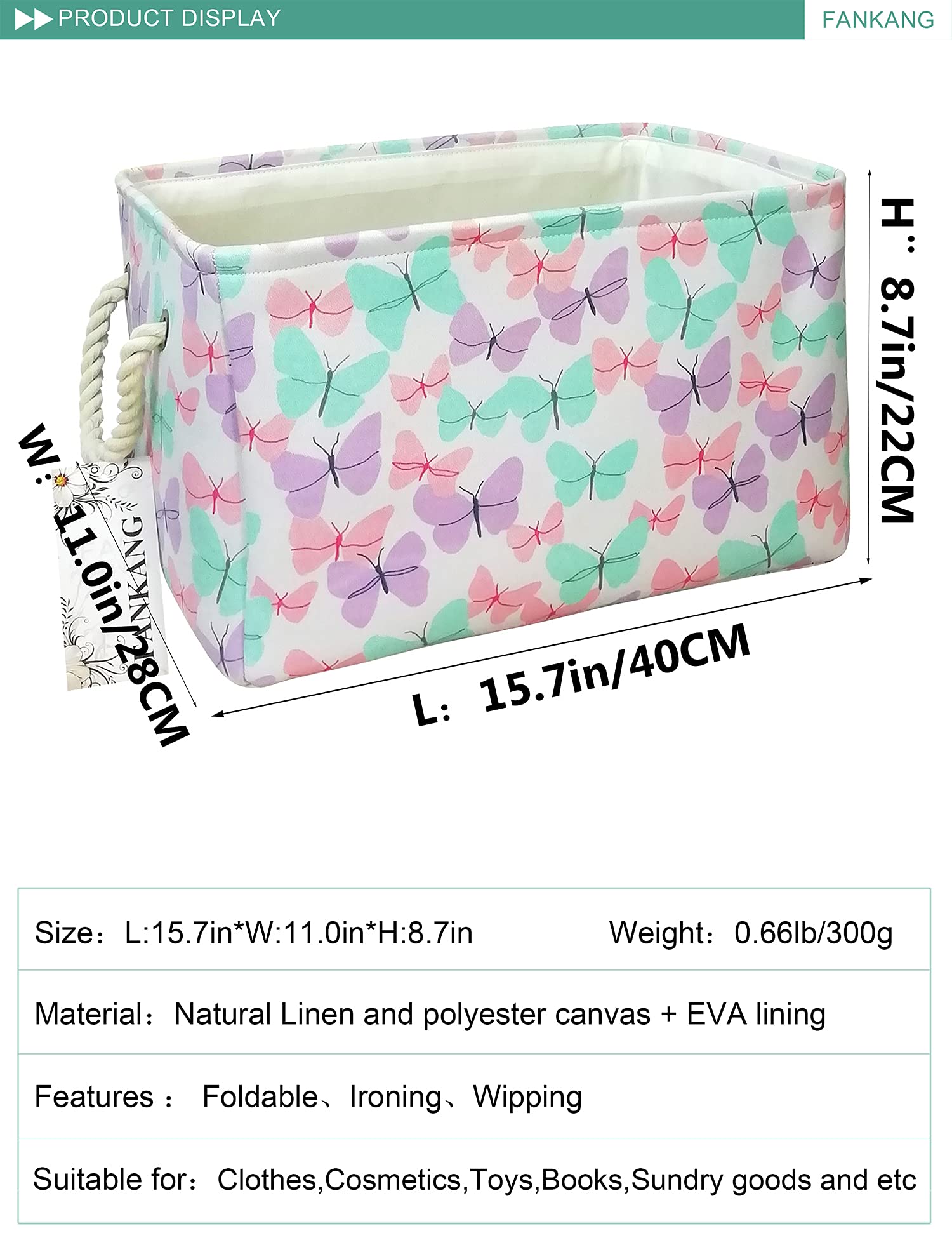 FANKANG Rectangular Laundry Basket Nursery Storage Fabric Storage Bin Storage Hamper,Gift Baskets (Butterfly)