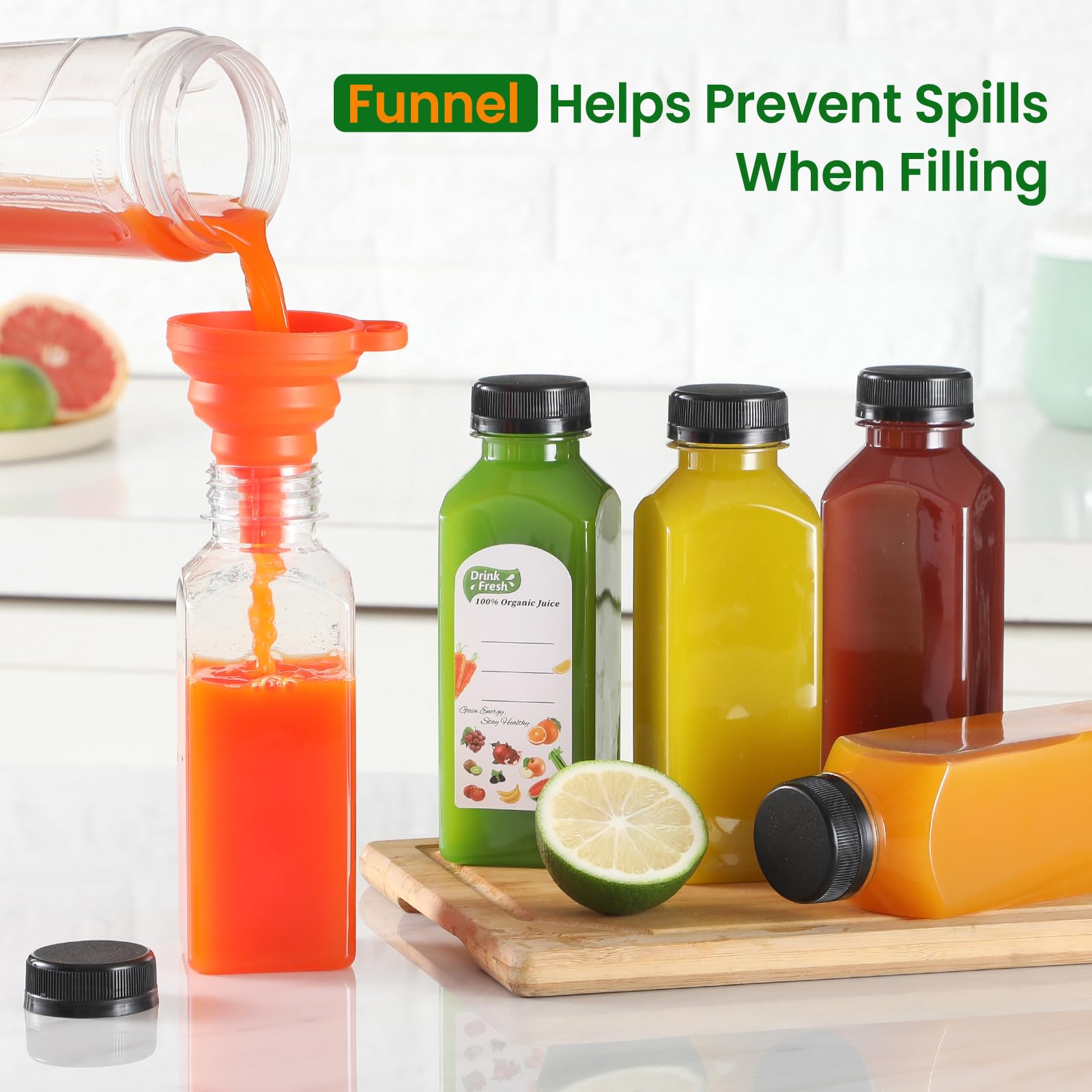 24 PACK, 12 OZ Reusable Plastic Juice Bottles with Caps, Plus 24 Labels & 2 Silicone Funnels - Clear Juicing Bottles for Juice, Smoothies, Ginger, Tea, Coffee - Food Grade & Leakproof Travel Bottles