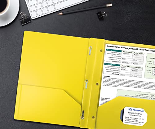 Better Office Products Yellow Plastic 2 Pocket Folders with Prongs, Heavyweight, Letter Size Poly Folders, 24 Pack, with 3 Metal Prongs Fastener Clips, Yellow