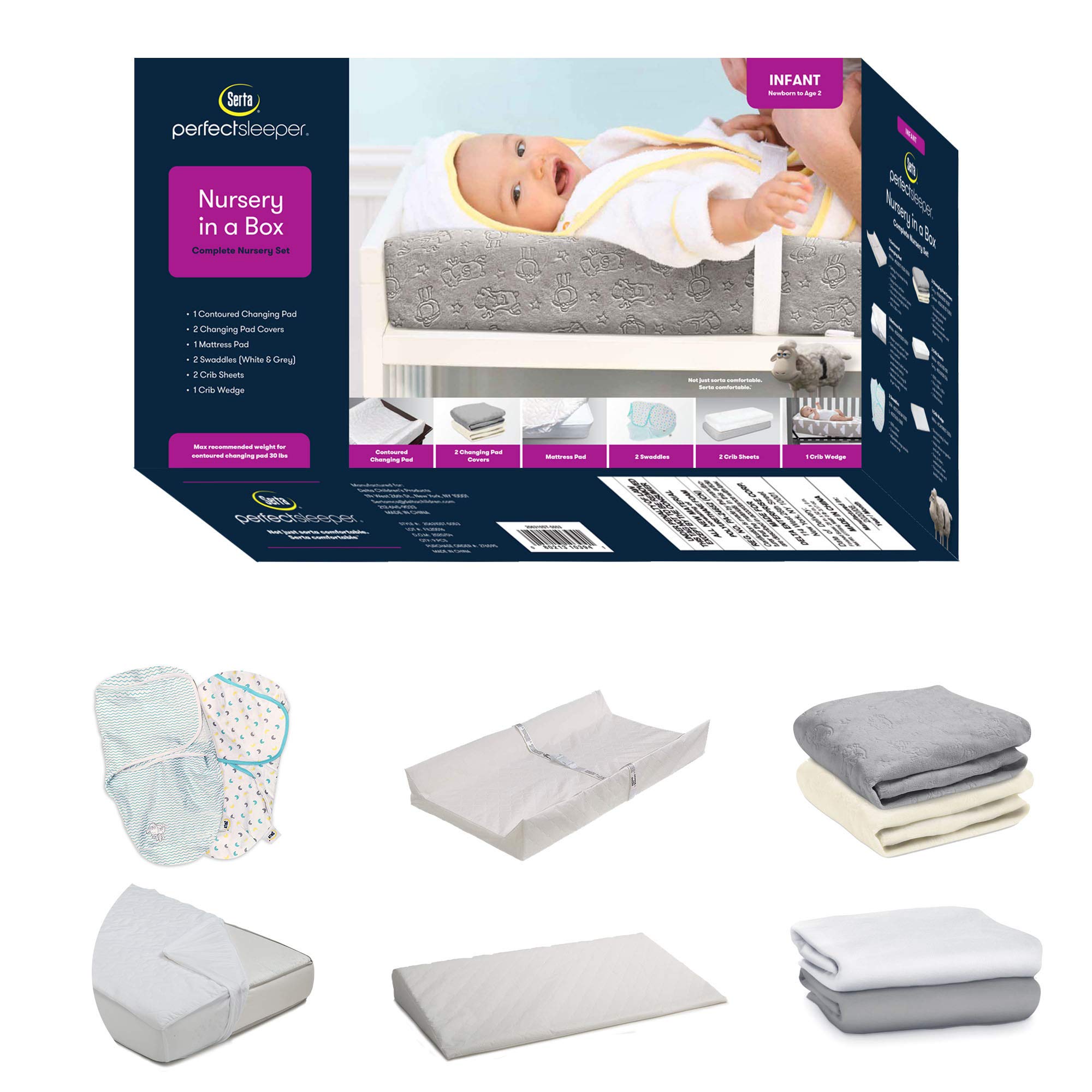 Serta 9-Piece Nursery-in-a-Box Newborn Baby Gift Set for Boys and Girls – Set Includes 2 Swaddles, Changing Pad, 2 Changing Pad Covers, 2 Crib Sheets, Crib Mattress Pad and Crib Wedge, White/Grey