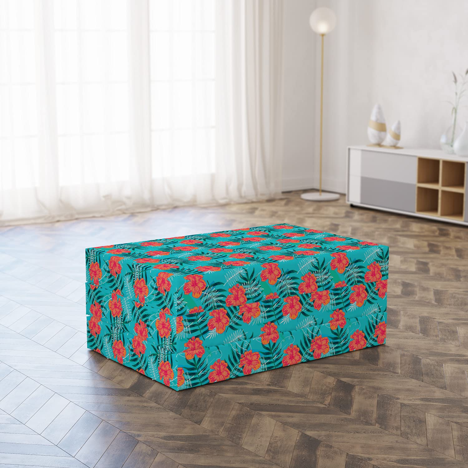 Ambesonne Exotic Foldable Mattress, Tropic Summer Hibiscus Flora, 74.8" x 39.4", Seafoam Coral