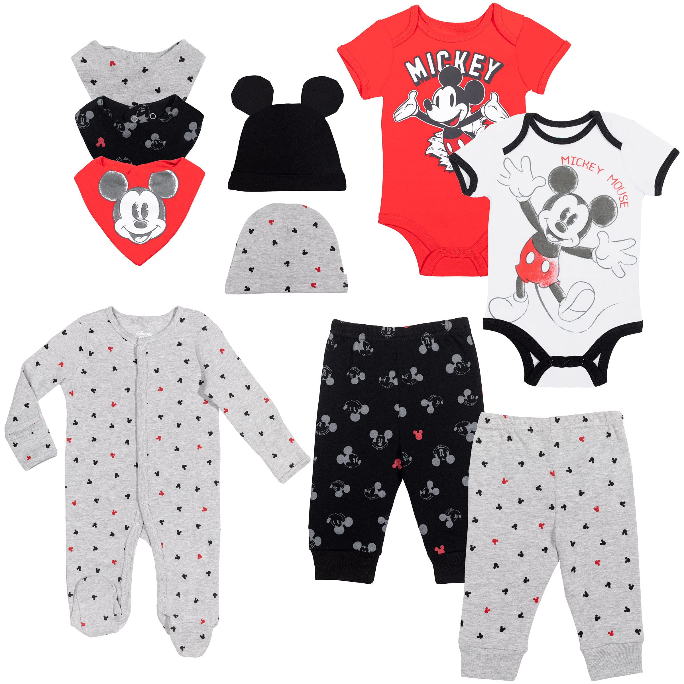 Disney Mickey Mouse Newborn Baby Boys Zip Up Sleep Play Coverall Bodysuits Pants Bibs and Hats 10 Piece 0-6 Months
