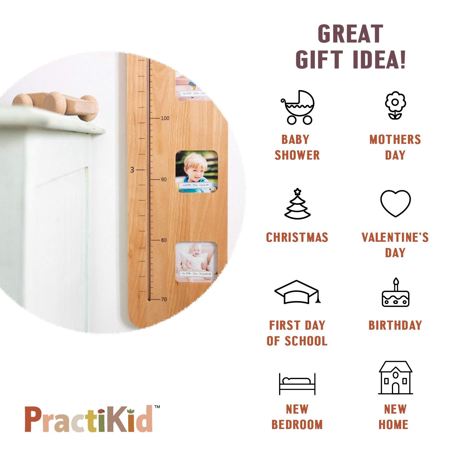 Kids Beech Wood Wall Growth Chart with Photo Windows. Capture Growth Milestones with Pictures. Neutral Wooden Decor Height Ruler Keepsake Gift for Babies, Boys or Girls