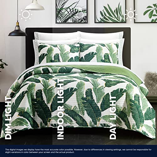 Chic Home Palm Springs 9 Piece Quilt Set Stitched Palm Tree Print Bed in A Bag - Sheet Set Decorative Pillow Shams Included, Queen, Green