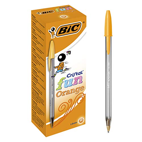 BIC Cristal Fun Ballpoint Pens - Box of 20 - Orange Colour - Wide 1.6 mm Tip with Smooth Ink Flow for Writing