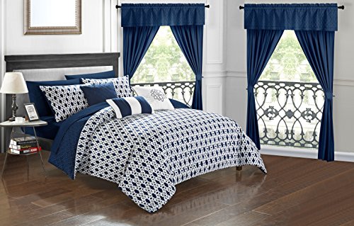 Chic Home Sigal 20 Piece Comforter Set Reversible Geometric Quilted Design Complete Bed in a Bag Bedding β Sheets Decorative Pillows Shams Window Treatments Curtains Included King Navy