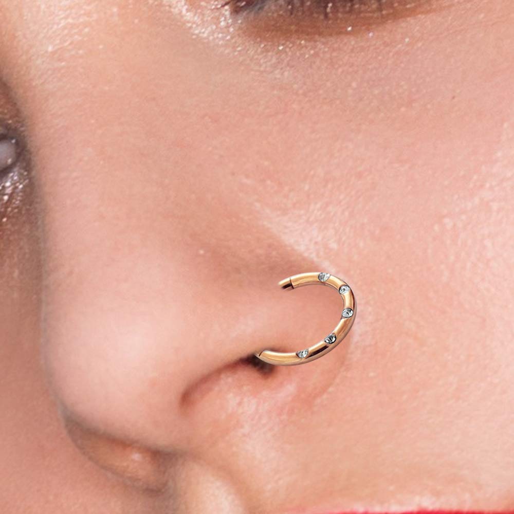 16 Gauge - 7MM Diameter Black Anodized Surgical Steel 5 Crystal Stones Paved Hinged Segment Nose Ring Septum Piercing
