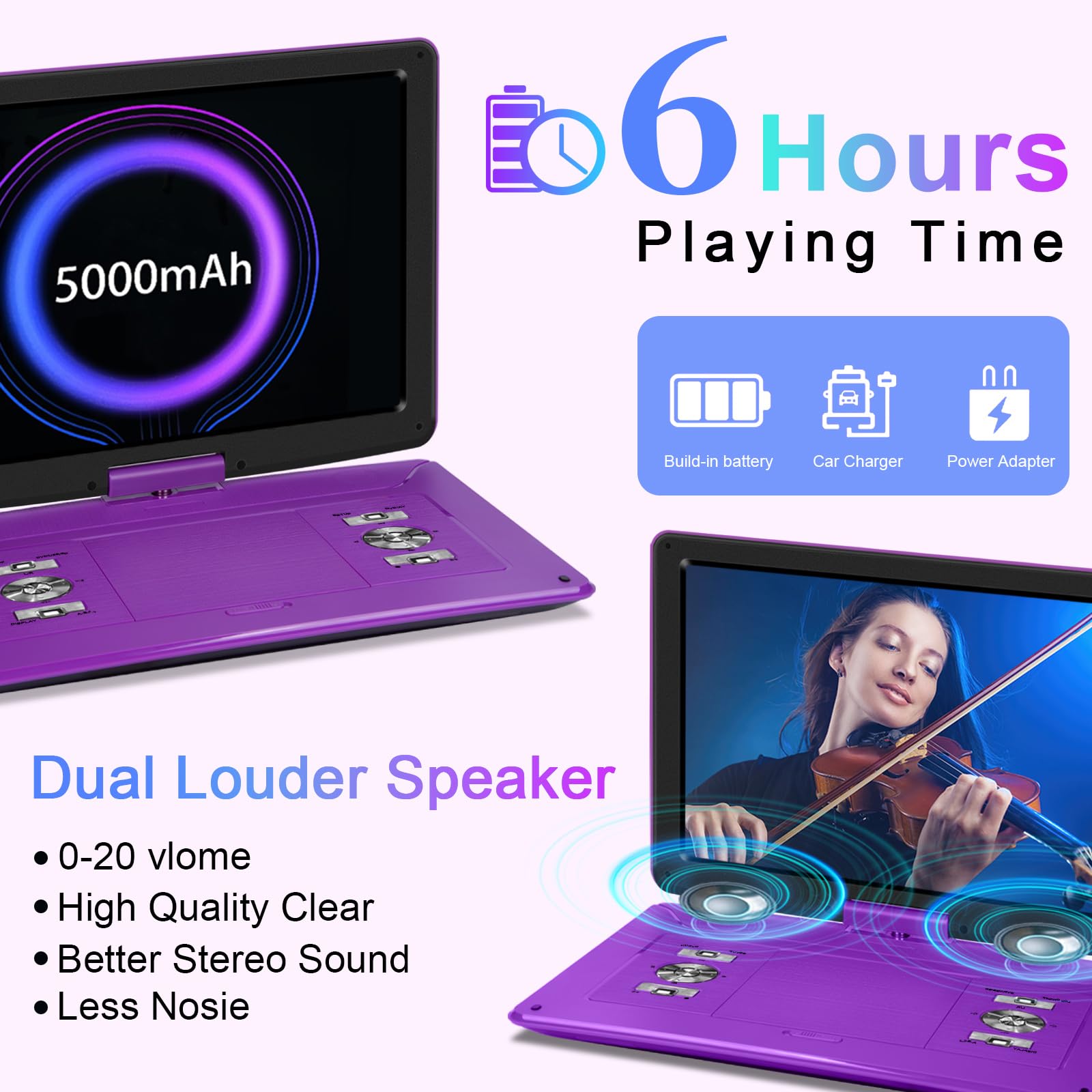 𝗝𝗘𝗞𝗘𝗥𝗢 17.9" Portable DVD Player with 15.6" Large Screen, 6 Hours 5000mAh Rechargeable Battery, Region Free, DVD Player Portable for Kids, Sync TV and Support CD/DVD/SD Card/USB, Car Charger