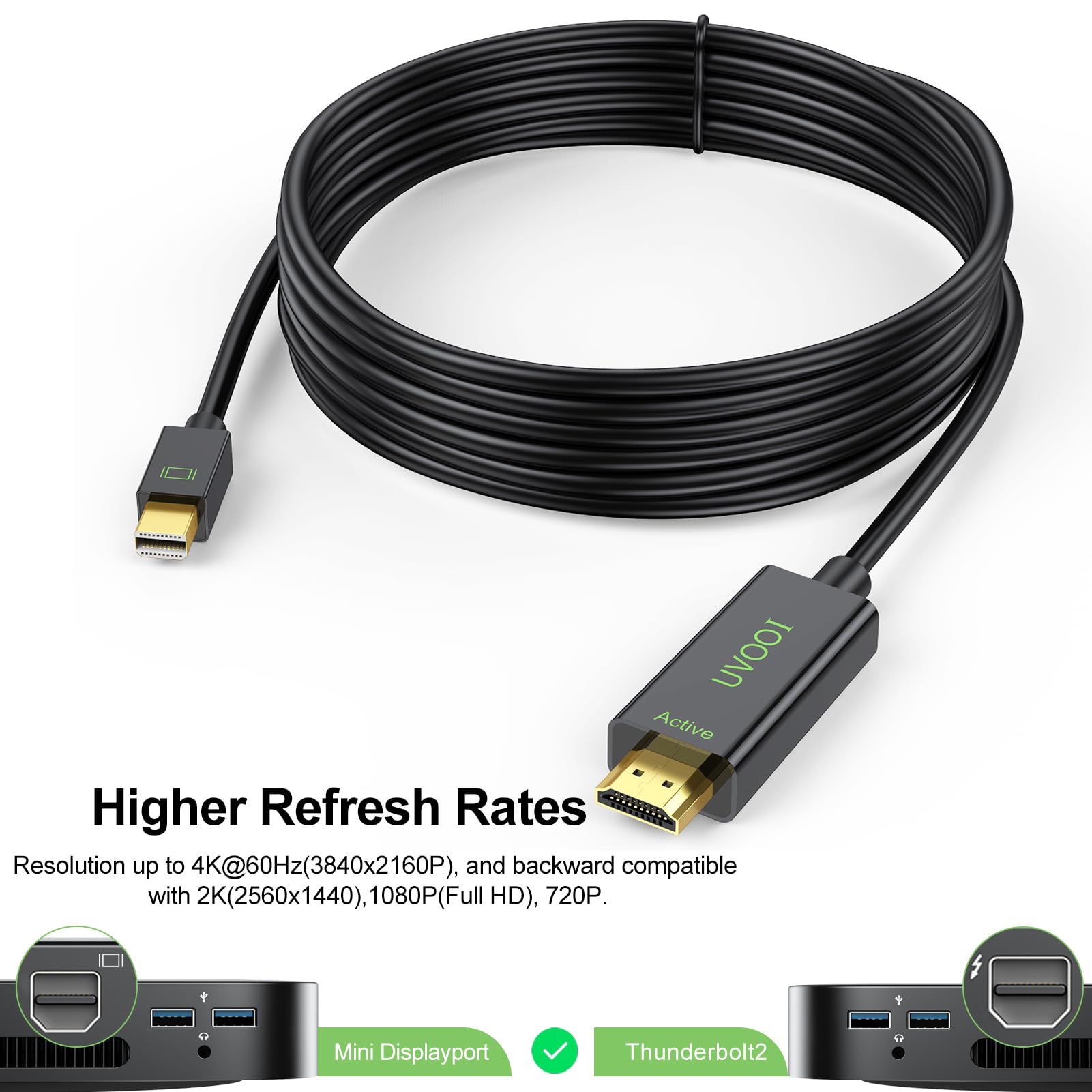 UVOOI Active Mini DisplayPort to HDMI Cable 10 Feet, Mini DP to HDMI Cord Supporting Eyefinity Technology & 4K@60Hz, 1440P@144Hz Resolution