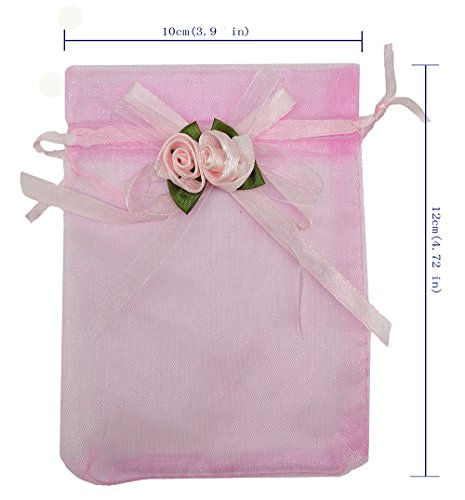 Ankirol 50pcs Sheer Organza Favor Bags for Wedding 3.8x4.8'' Gift Bags Samples Display Drawstring Rose Pouches (Pink)