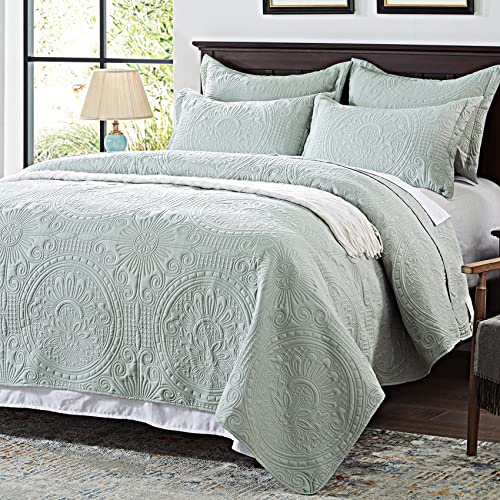 Anluoer Quilt Queen Size Bedding Set-Sage Green Embossed, Bedspreads-Lightweight Summer Soft Microfiber Bedspread, Bed Coverlet for All Seasons (1 Quilt, 2 Pillow Shams)