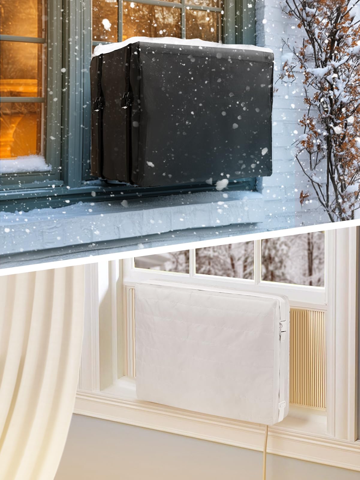 2 Pack Windproof Window AC Cover for Indoor Outdoor - Insulation Air Conditioner Unit Covers with Drawstring for Winter Inside 25''W × 17''H × 3.5''D and Outside 25.5''W × 18''H × 20.5''D