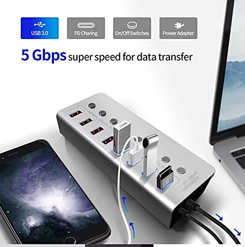 SHYPT Aluminum Alloy 8-Port USB3.0 Splitter 4 Port Laptop Extended USB HUB 4 Port Fast Charging Adapter External 12V 4A Power Supply