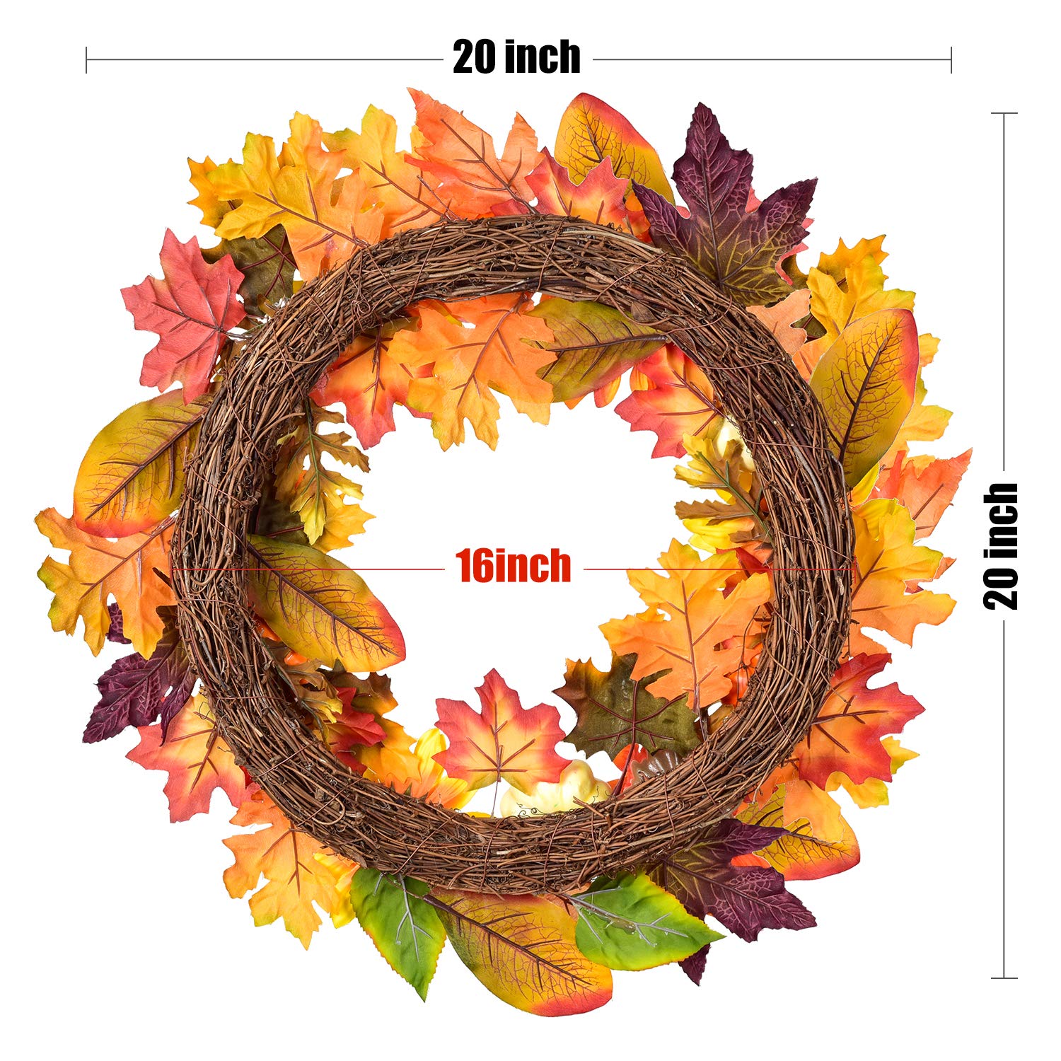 20Inch Artificial Sunflower Pumpkin and Maple Leaf Wreath for Halloween and Thanksgiving Home Indoor or Outdoor Arrangement Decoration