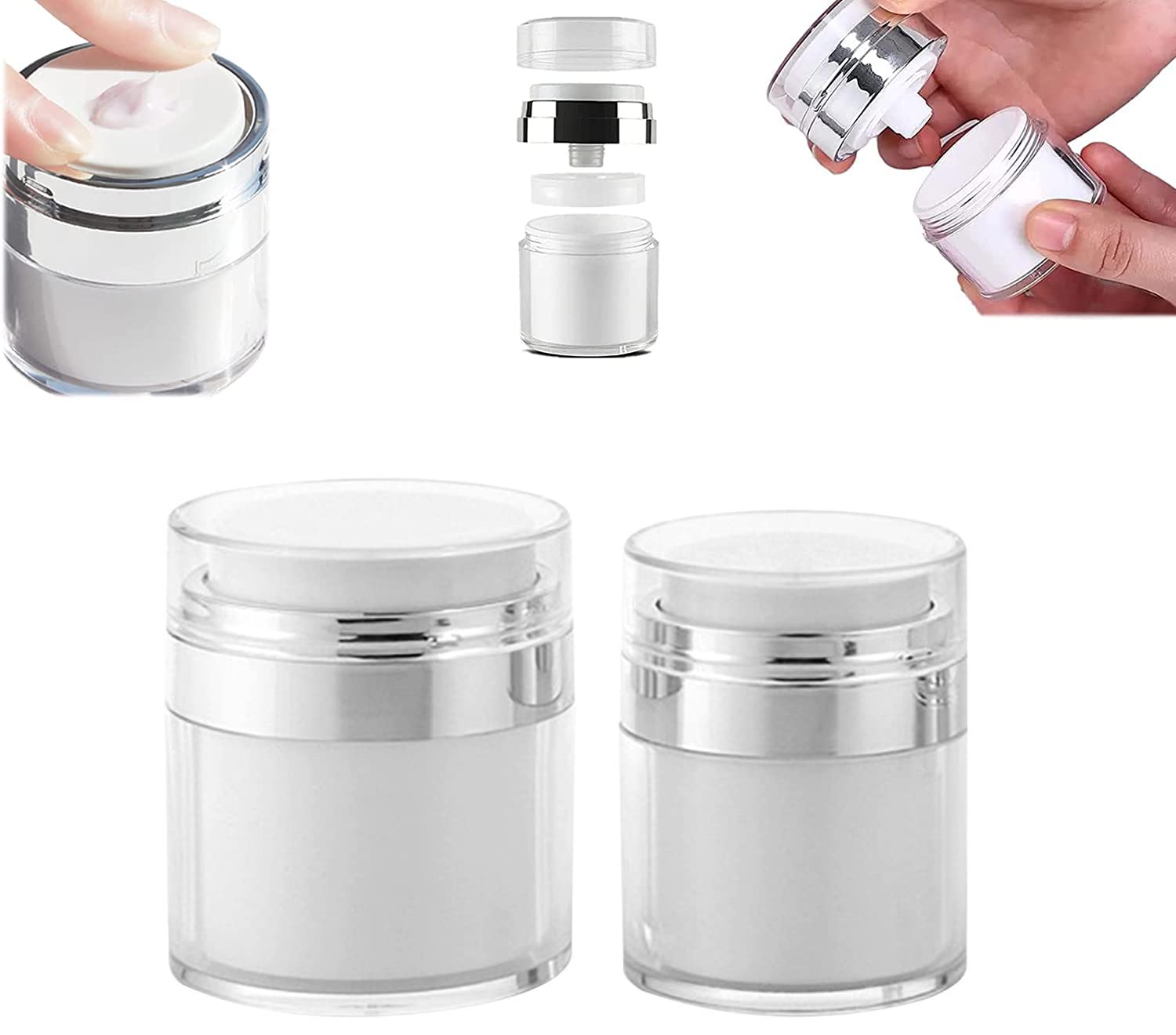 2Pcs Airless Pump Jars Sets, Face Moisturizer Pump Dispenser Travel Size Pump Bottle Container for Lotion, Empty Airless Cosmetic Container Cream Jar Vacuum Bottle Dispenser