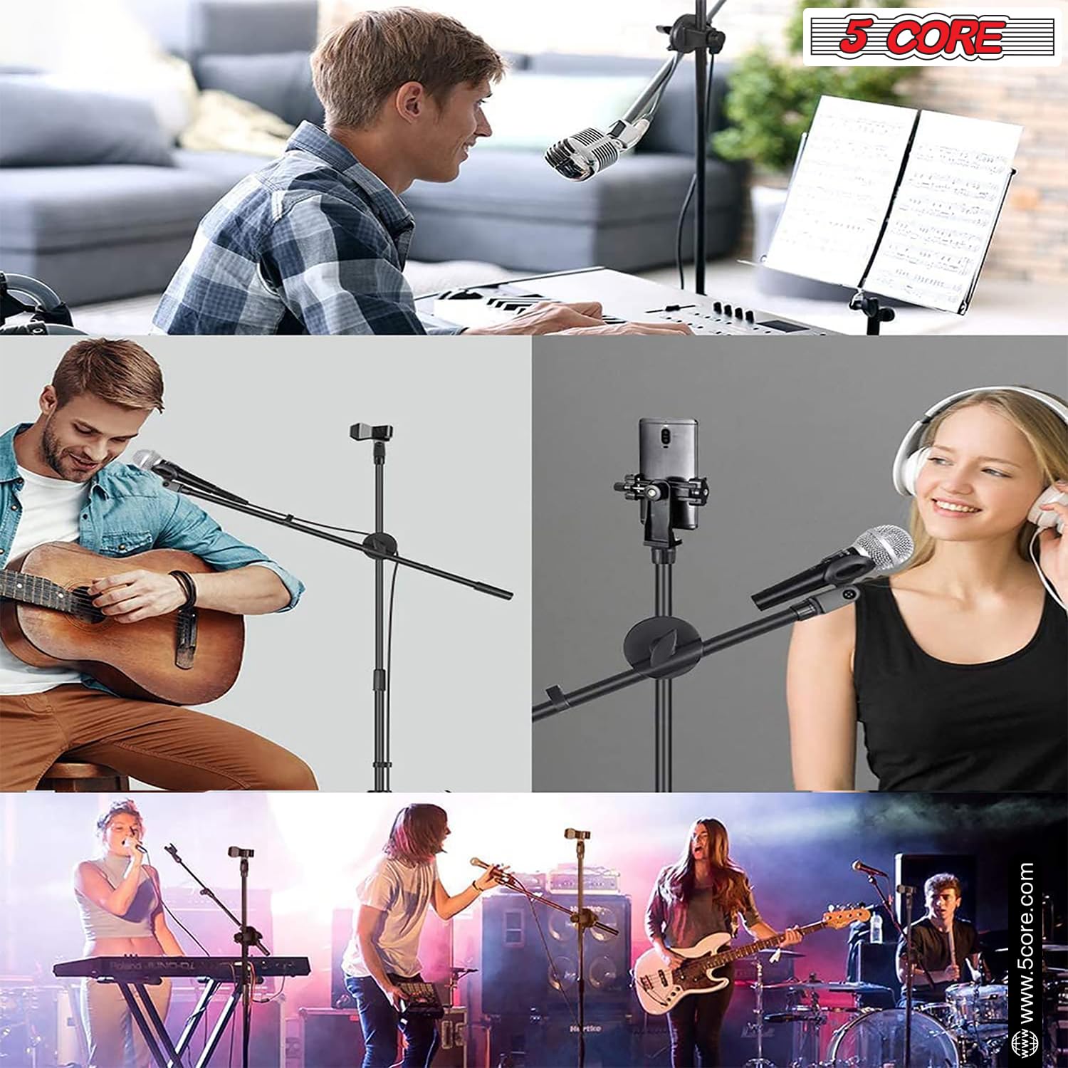 5 Core Tripod Mic Stand Floor 4Pcs Adjustable 31 to 76 Inches Boom Arm Holder Microphone Stands 360 Degree Rotating + Dual Mic MS DBL 4PCS