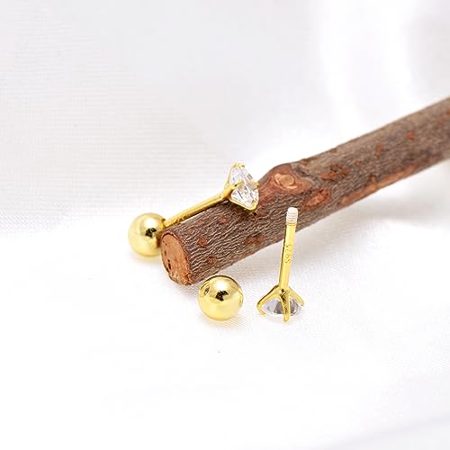 3 MM Cubic Zirconia Sterling Silver Plated Yellow Gold Stud Earrings for Women, Screw Ball Backing