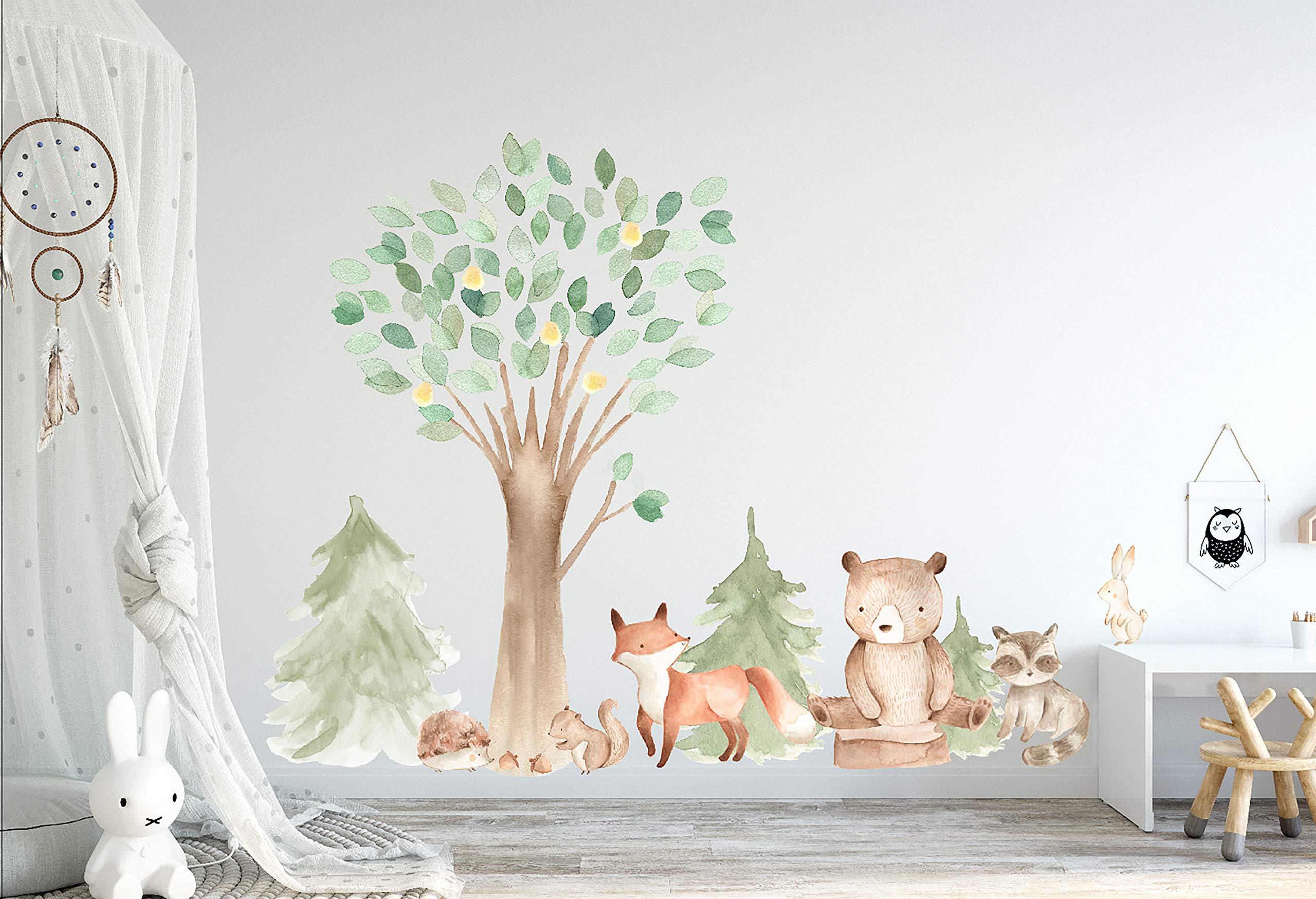 InnovativeStencils Woodland Watercolor Wall Decal Oak Pine Tree Animal Creatures - Bear, Fox, Raccoon, Rabbit, Squirrel, Porcupine Fabric Nursery Decals #3061 (84" Tall Tree (Including Leaves))