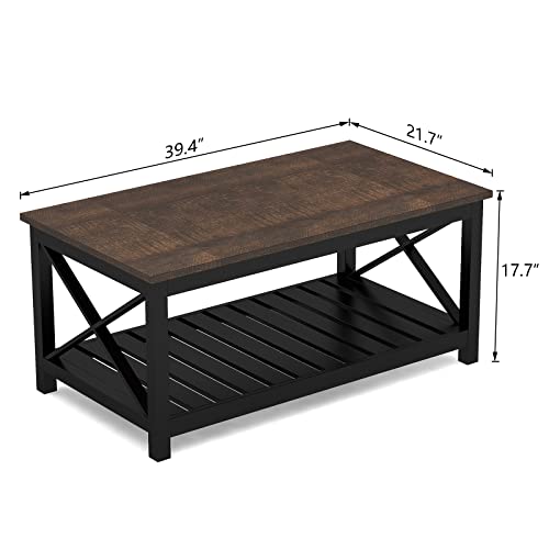 ChooChoo Coffee Table, Rustic Vintage Farmhouse Living Room Table with Shelf, 40