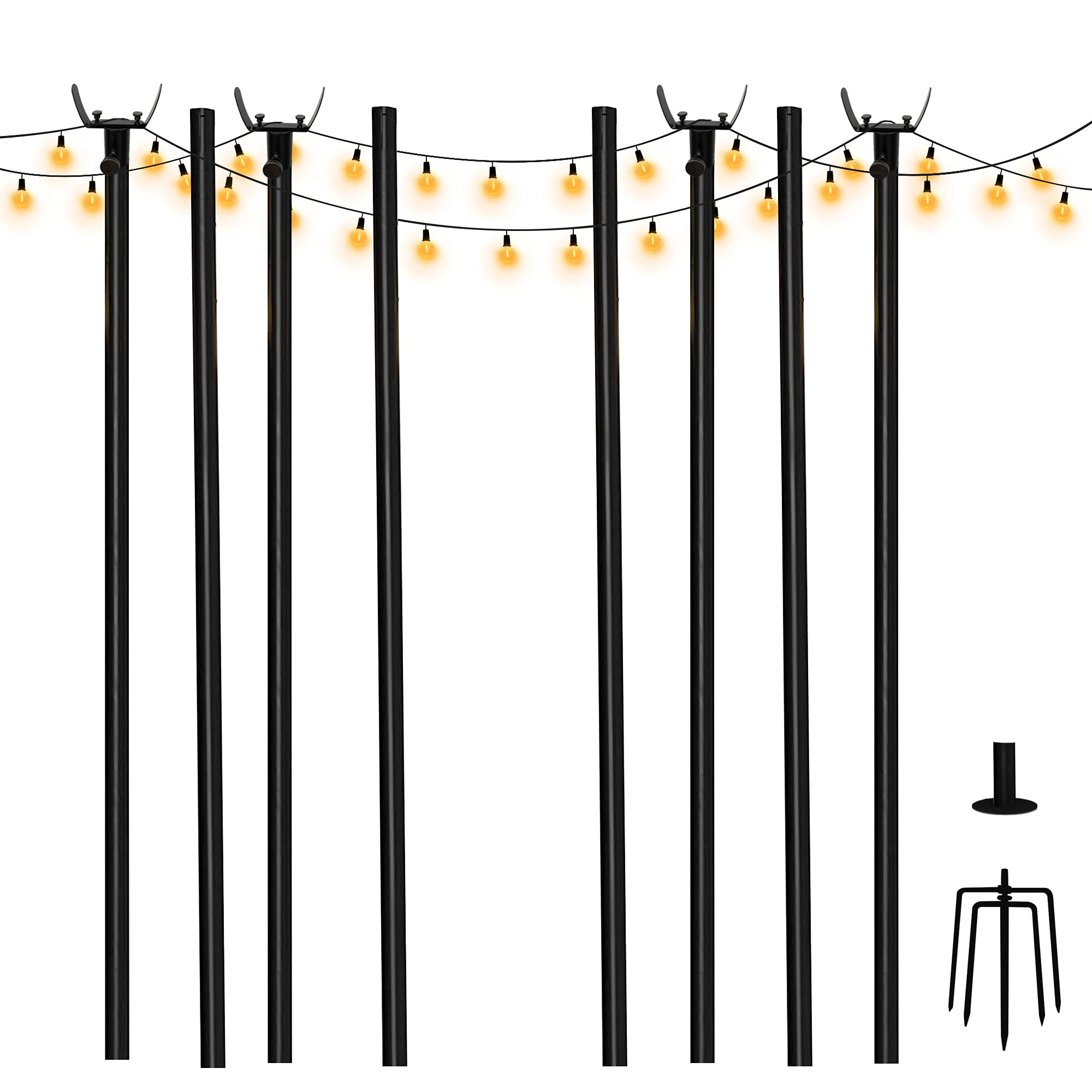 APEX LIFE String Light Poles for Outdoor Deck or Patio | 2 Pack 9FT | Black Powdered Steel Pole for Lights 5-Prong + Flat Base Options | Great for Wedding Garden Cafe Party Backyard