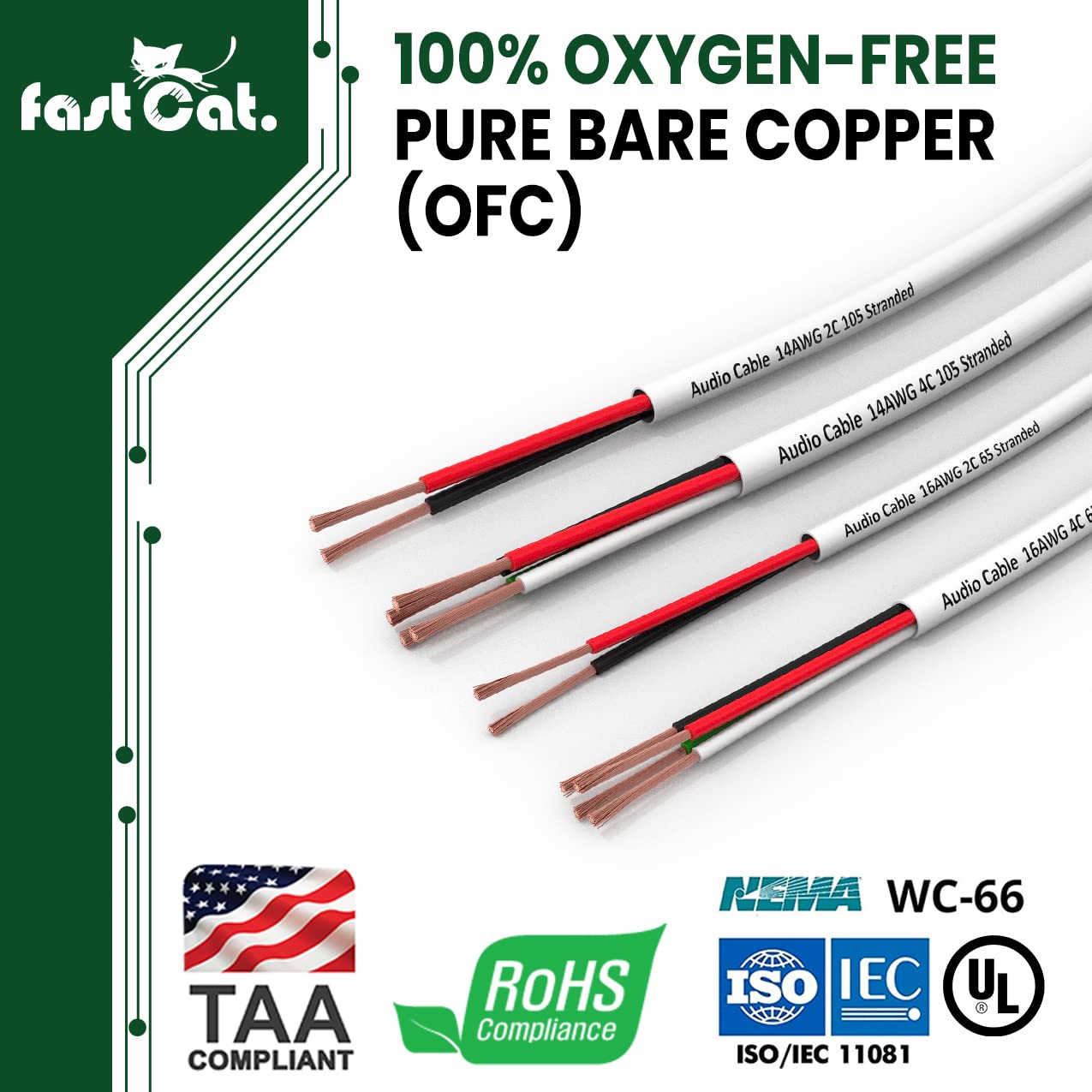 fast Cat. Speaker Wire 14 Guage 2C, UL Listed & CMR/CL3R-FT4 Rated - Speaker Cable w/PVC Jacket, 100% Oxygen-Free Pure Bare Copper - (105) HighFlex 14 Guage Wire - in-Wall Use-500ft Bulk Cable, White