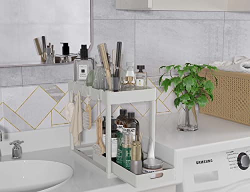 2PC Under Sink Organizer Rack 2 Tier Under Sliding Cabinet Basket Organizer Drawer with 4 Hooks, Multi-purpose Under Sink Storage for Bathroom Kitchen Desktop(White)