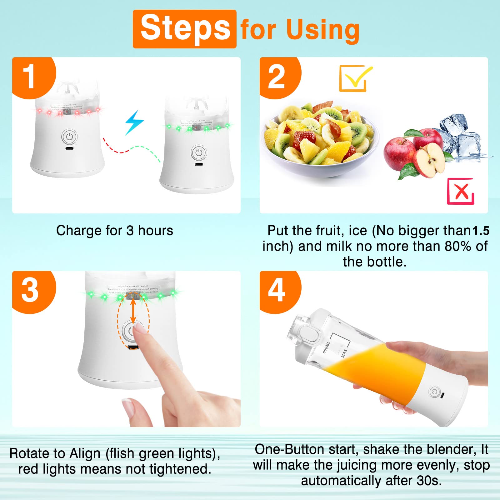 20oz Portable Blender, Personal Size Blender Smoothies and Shakes With 6 Blades, USB Rechargeable Blender Fruit Juicer with 2 Mixing Modes & LED Light, With for Kitchen Outdoor Gym Office (White)