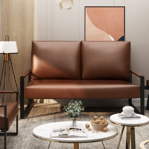 AWQM Faux Leather Loveseat Sofa, Mid-Century 2-Seat Sofa, Modern Living Room Love Seat for Small Spaces - Brown