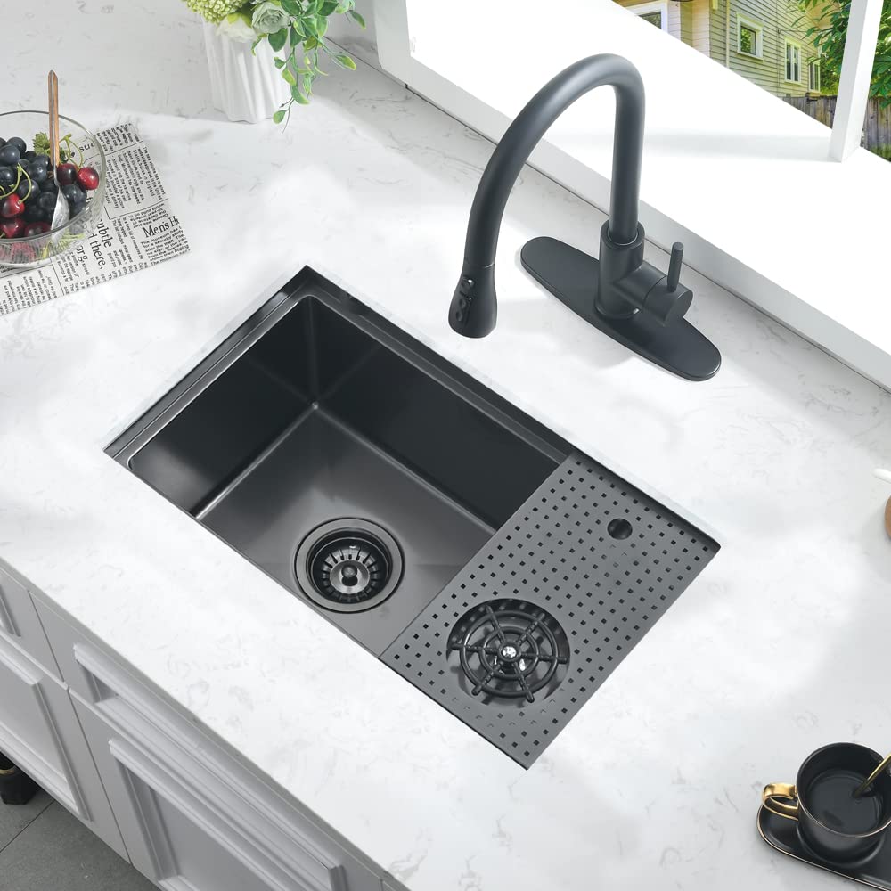 23 Inch Black Undermount Bar Sink with Glass Rinser-Bokaiya 23x14 Black Stainless Steel Undermount Workstation Sink Bar Prep Sink 16 Gauge Single Bowl Undermount Kitchen Sink with Cup Washer