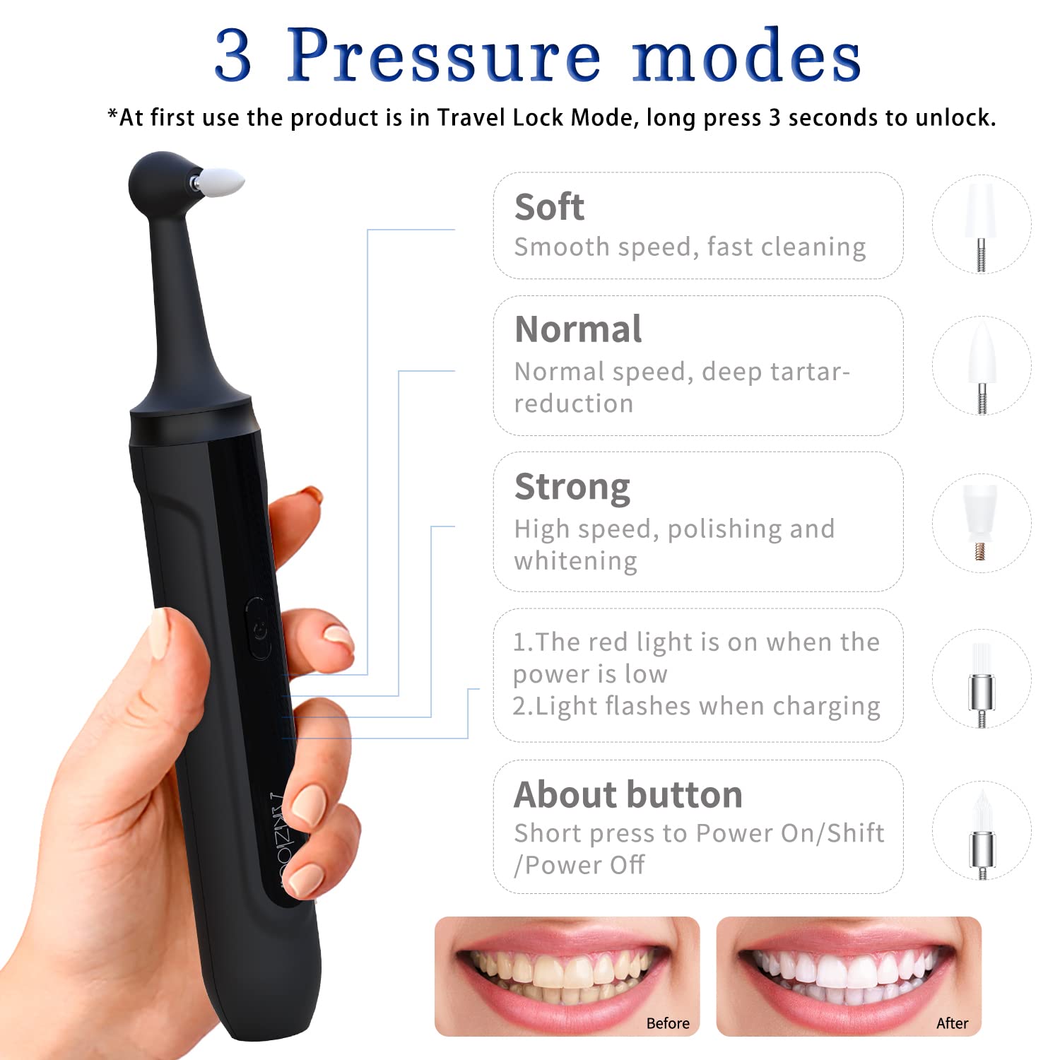 Akizbeir Electric Tooth Polisher, with 5 Replacement Heads, 2000mAh-Charging Model, Household Dental Tartar Calculus Remover Teeth Whitening Cleaning Kit for People and Pet Dog(Black)