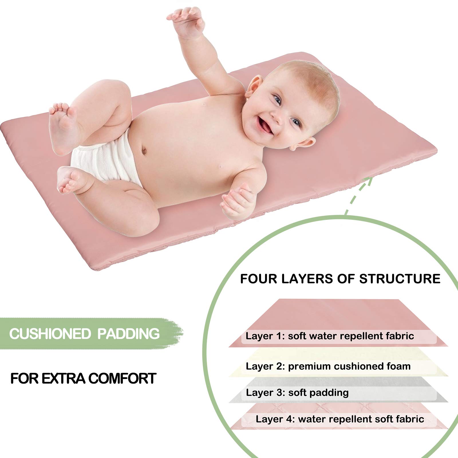Portable Travel Baby Changing Pad, Soft Large Quilted Padded Foldable Wipeable Waterproof Changing Mats, for Infant Newborn & Toddlers Home Travel Outside (Dusty Pink)