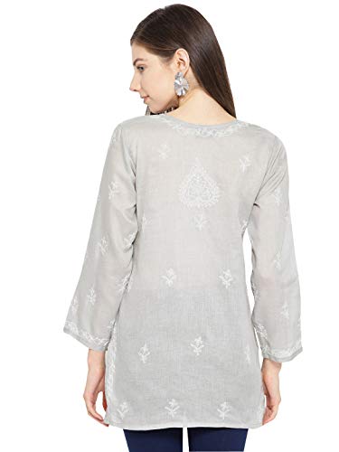 Ada Hand Embroidered Indian Chikankari Straight Cotton Tunic Top Kurti Shirt for Women A534584 (Grey, Medium)